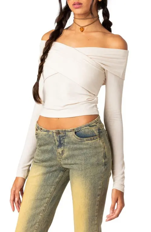 EDIKTED Crossover Off The Shoulder Long Sleeve Top - Cream