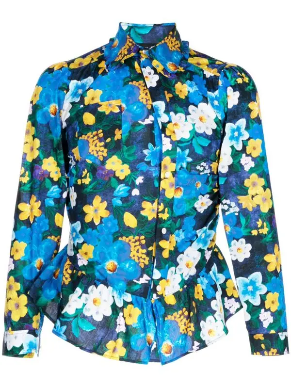 EGONLAB Floral-print Peplum-hem Cotton Shirt