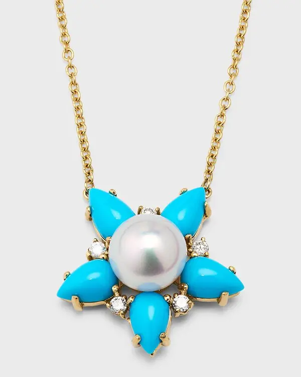 PEARLS BY SHARI 18k Yellow Gold Akoya Pearl, Diamond And Turquoise Necklace - Pearl & Turquoise