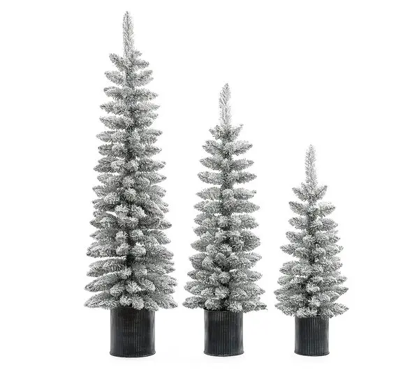LUXEN HOME Luxenhome Set Of 3 Flocked Christmas Trees With Metal Pots