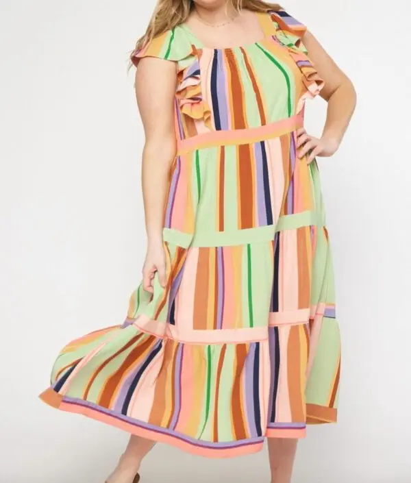 Buy Entro Striped Flutter Sleeve Maxi Dress In Coral - Pink At 38% Off ...