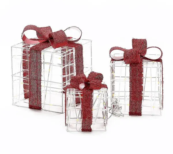 LUXEN HOME Luxenhome Set Of 3 Presents With Red Ribbon Lig Hted Decoratio
