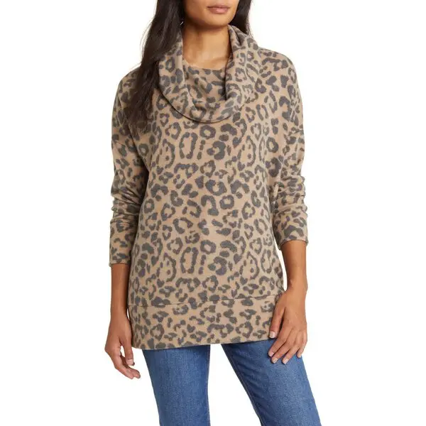 Loveappella Cowl Neck Tunic - Camel/charcoal