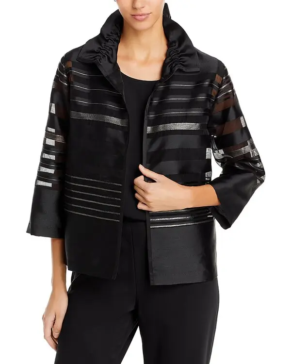 Caroline Rose Sheer Striped Jacket With Ruched Collar