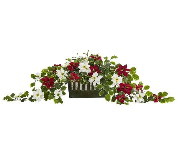 NEARLY NATURAL 39' Poinsettia And Variegated Holly Plant In Pl Anter