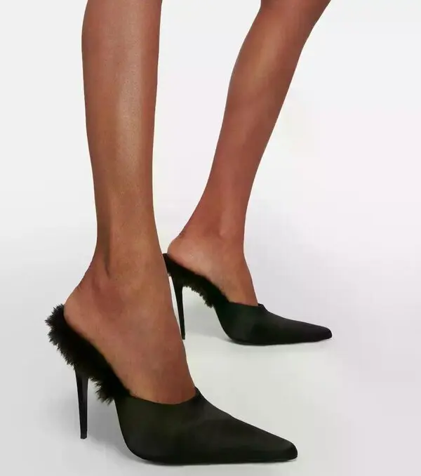 Magda Butrym Faux Fur-trimmed Satin Mules