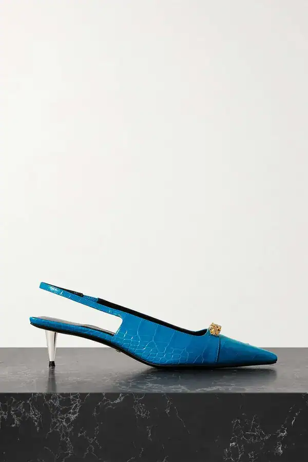 Gucci Louisa Embellished Croc-effect Glossed-leather Slingback Pumps ...