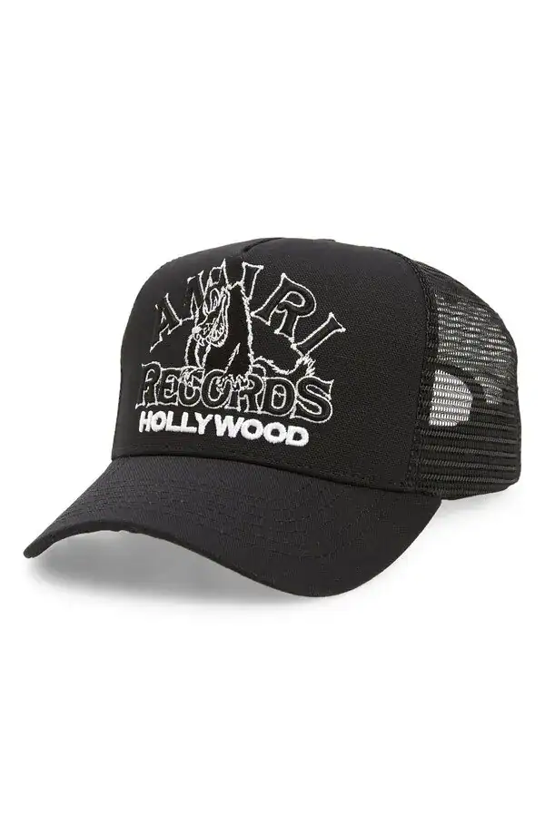 Amiri Wolf Records Embroidered Trucker Hat In Black - 50% Off