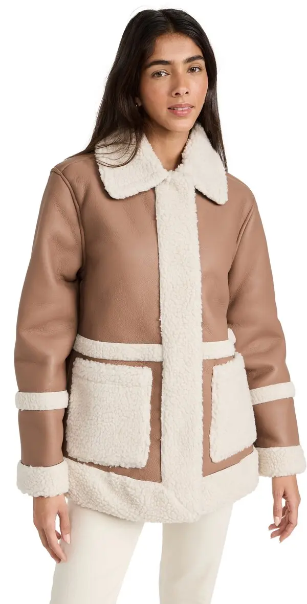 Avec Les Filles Faux Leather Coat With Sherpa Trim - Mink/beige