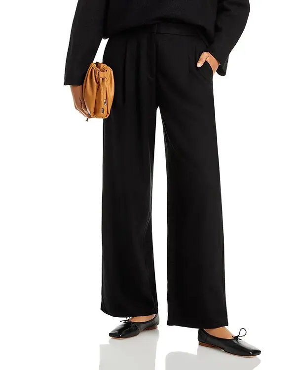 Eileen Fisher Wool Pleated Wide Leg Trousers - Black
