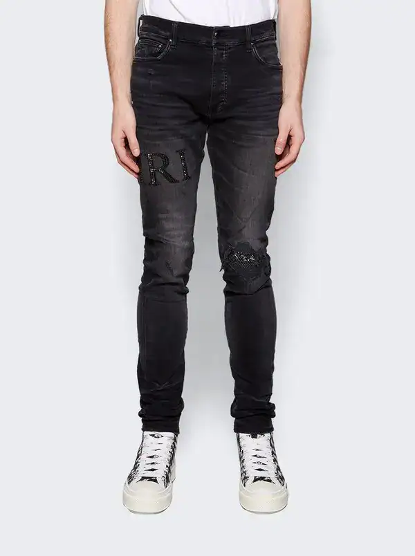 Amiri Crystal Logo Distressed Jeans Faded Black Editorialist