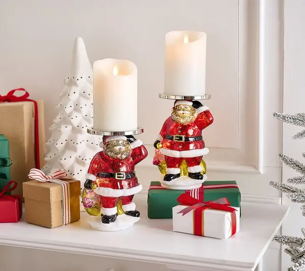 VALERIE PARR HILL Set Of 2 Lit Mercury Glass Santa Pedestals Valerie