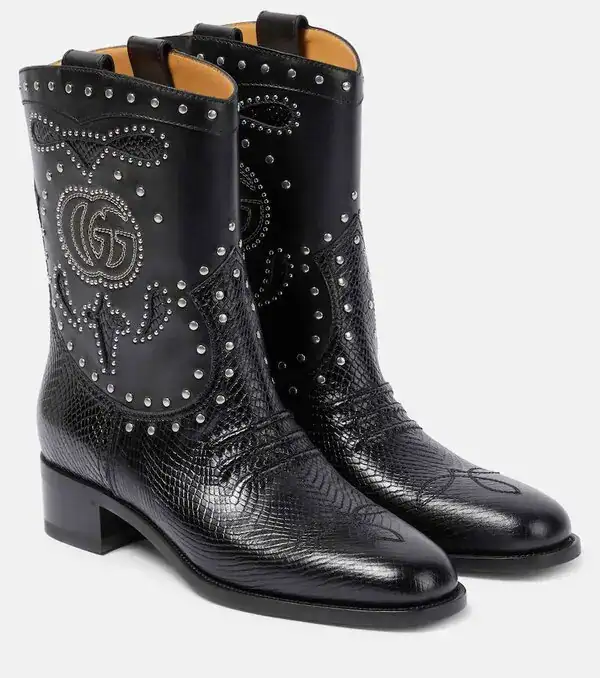 Gucci Double G Studded Leather Cowboy Boots - Black  display picture 2