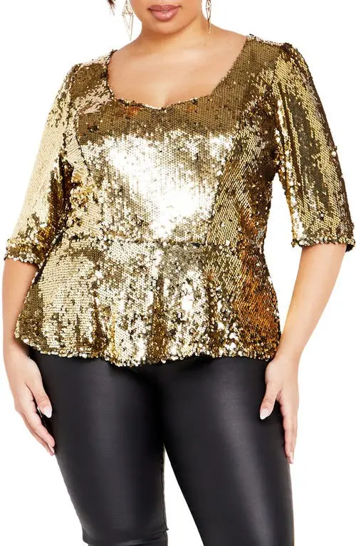 City Chic Sequin Peplum Top - Bronze