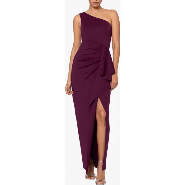 XSCAPE EVENINGS One-shoulder Ruffle Scuba Knit Gown - Wine