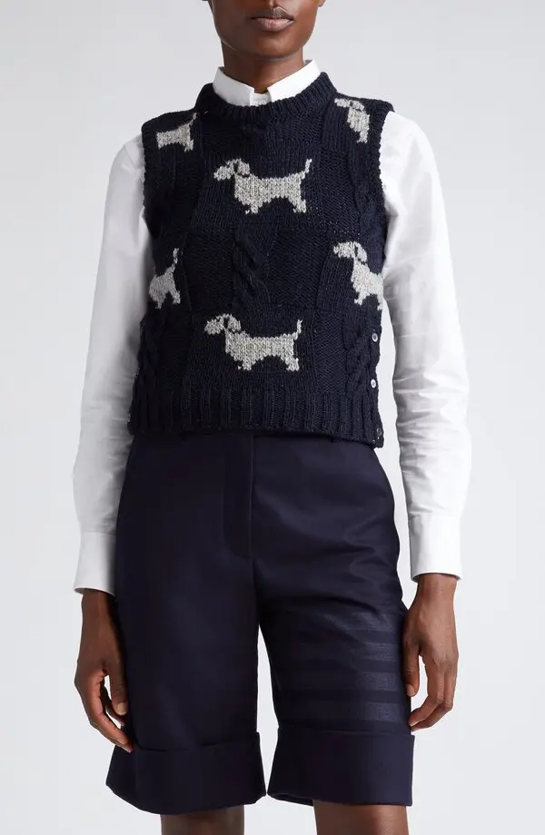 Thom Browne Hector Dog Intarsia Wool Mohair Sweater Vest Navy