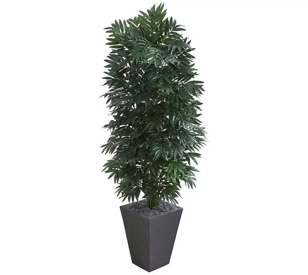 NEARLY NATURAL Bamboo Palm Plant In Slate Finished Planter Early Natural