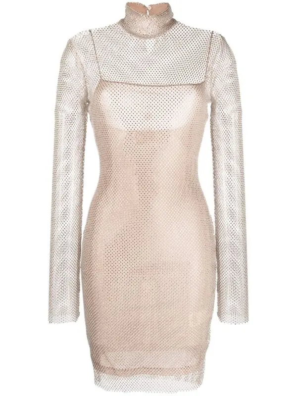 GENNY Rhinestoned High-neck Mini Dress - Neutrals