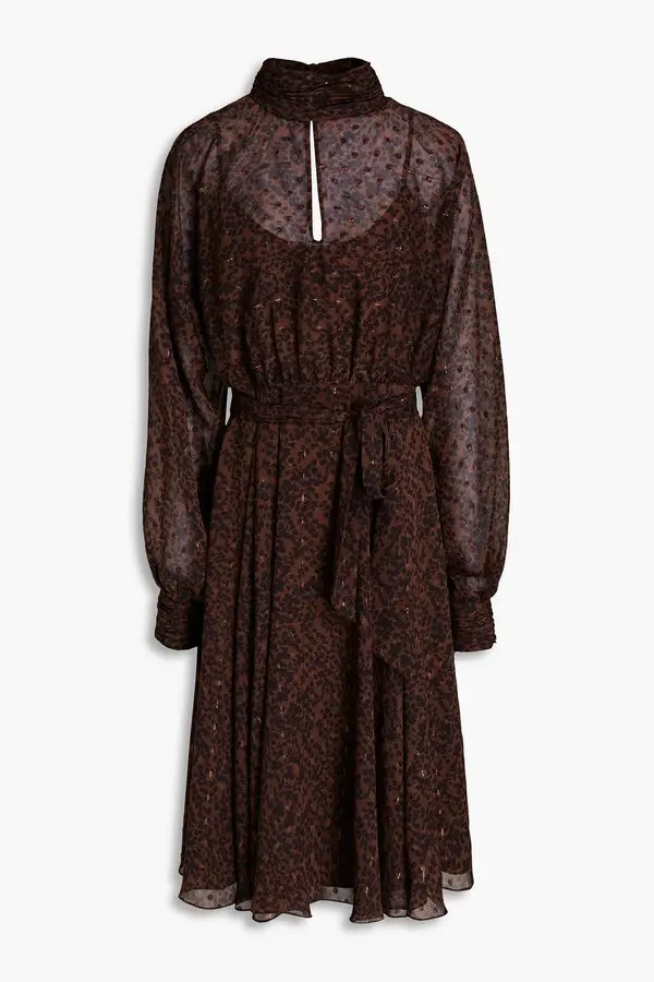 MIKAEL AGHAL Gathered Printed Metallic Fil Coupé Chiffon Midi Dress