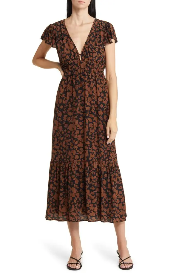 rails brown floral dress Momyknows Dark Brown Oblique Shoulder Sheer Draped Hem Ruched Maternity Baby Shower Maxi Dress Dark Brown / L main image 1