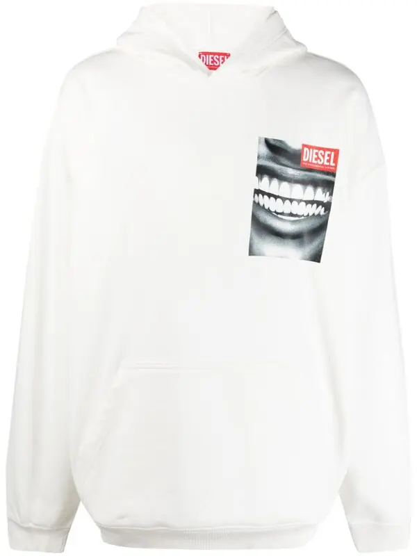Diesel S-Nabel-Hood-Face Hoodie With Close-Up Smile Print In White
