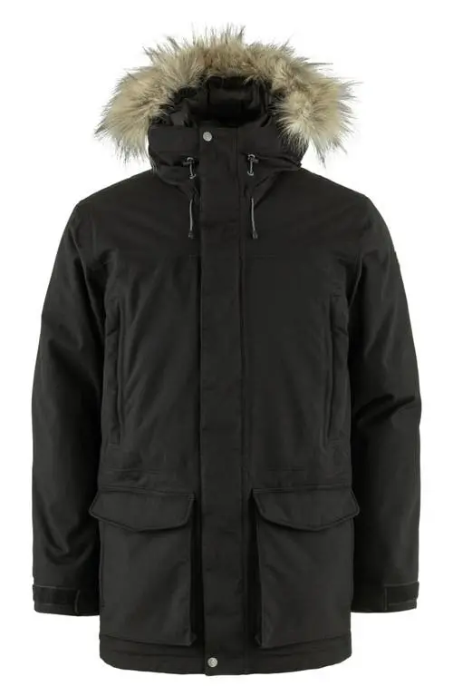 Fjallraven Nuuk Lite Waterproof Parka With Faux Fur Trim - Black