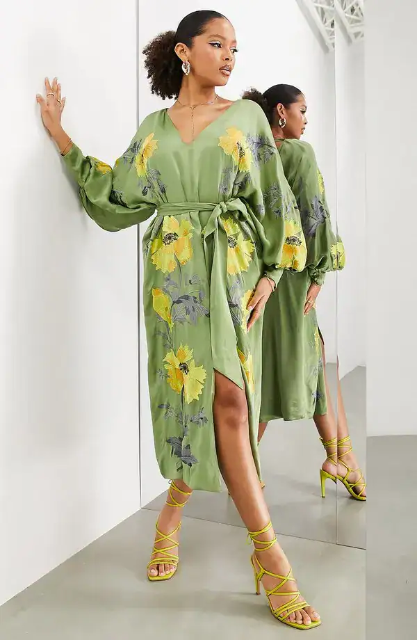 knee length dresses for ladies ASOS DESIGN long sleeve tiered smock midi dress in forest green