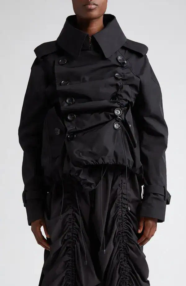 Junya Watanabe Gathered Hem Crop Oxford Trench Coat - Black