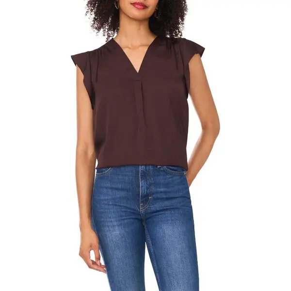 Vince Camuto Ruffle Sleeve Satin Top - Chocolate