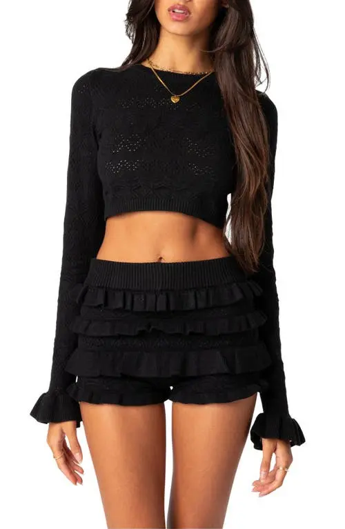 EDIKTED Delana Ruffle Cuff Pointelle Crop Sweater - Black