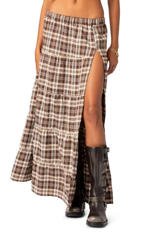 EDIKTED Plaid Tiered Maxi Skirt With Slit - Brown