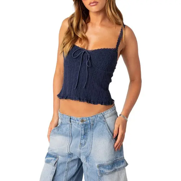 EDIKTED Lacy Stretch Cotton Knit Camisole - Navy