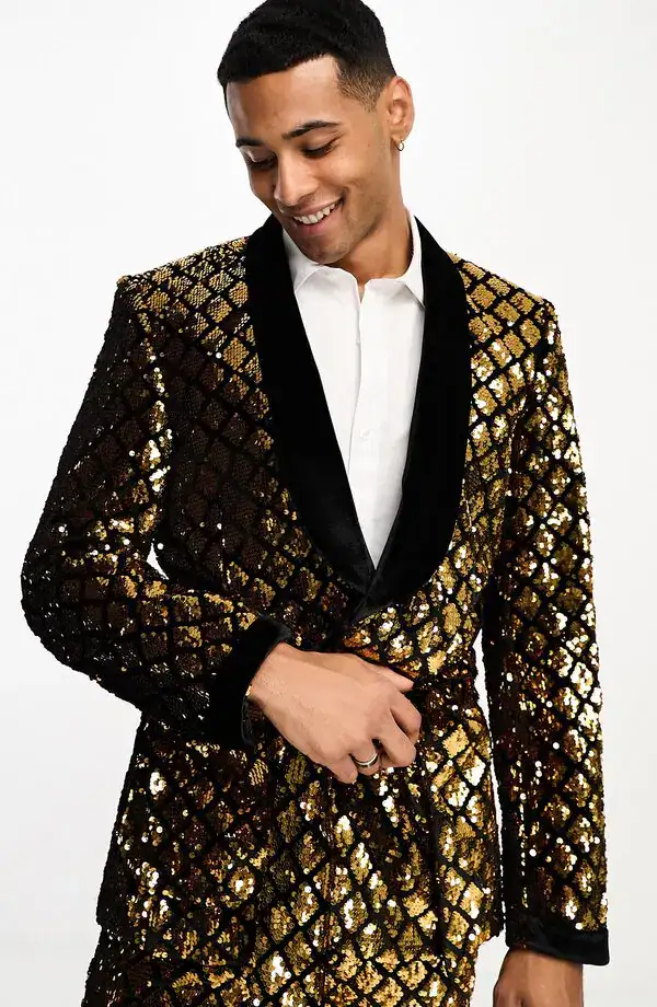 Asos Skinny Sequin Belted Suit Jacket In Gold 50% Off Editorialist