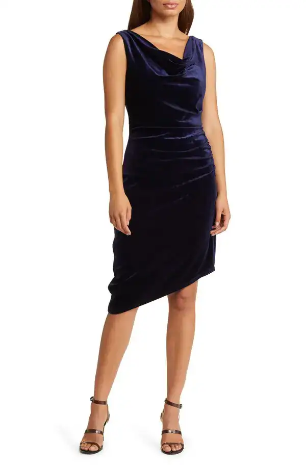 Sam Edelman Drape Neck Stretch Velvet Cocktail Dress In Navy - 61% Off |  Editorialist