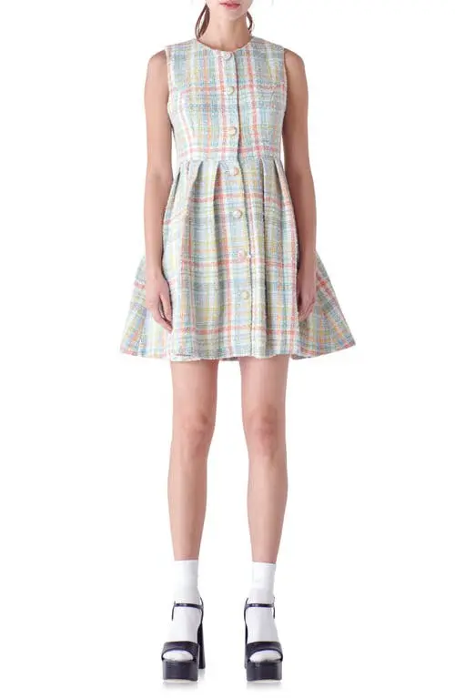 English Factory Plaid Pleated Bouclé Mini Dress