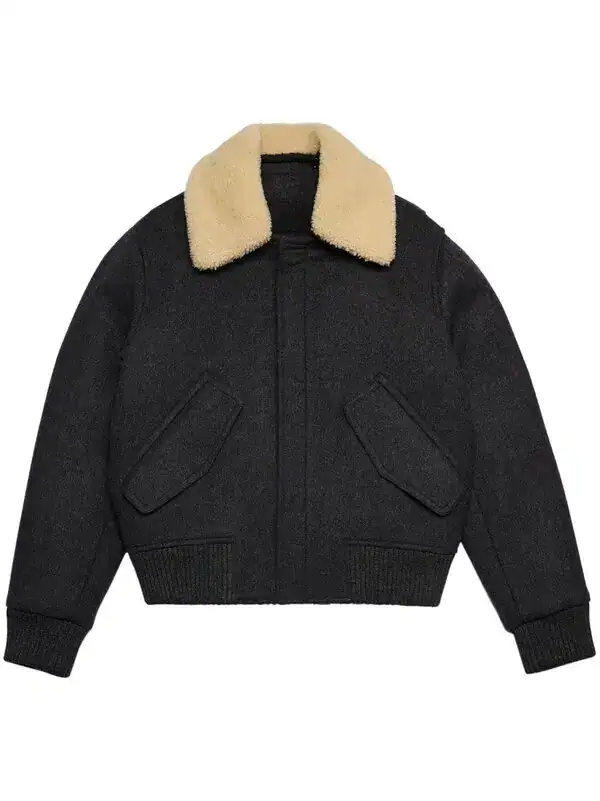 Ami Shearling-Collar Wool Bomber Jacket In Grey 50% Off