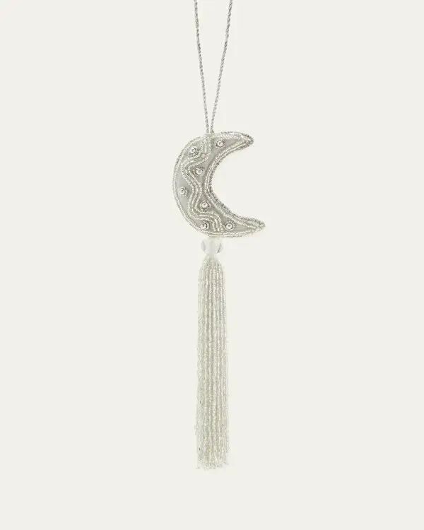 SUDHA PENNATHUR Beaded Silver Moon With Tassel Christmas Ornament