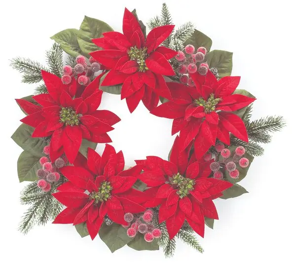 MELROSE Poinsettia Flower Pine Wreath 24.5'd