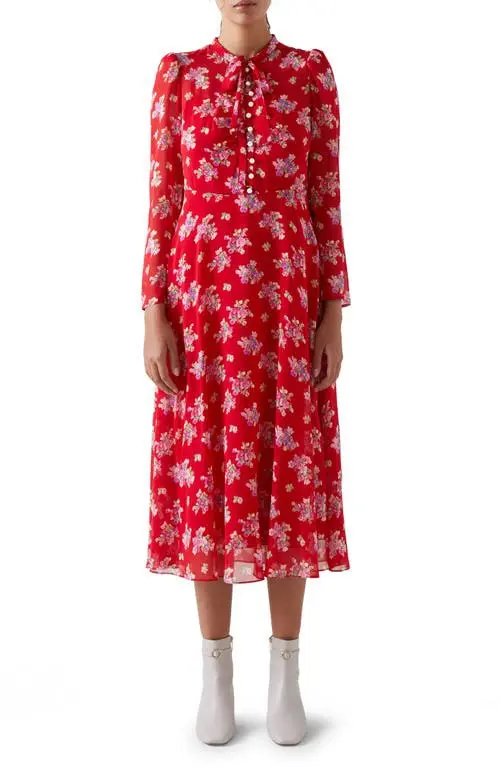 Lk Bennett Keira Floral Print Long Sleeve Silk Midi Dress Cherry