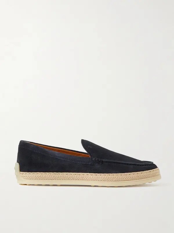 TOD'S Raffia-trimmed Suede Loafers - Blue