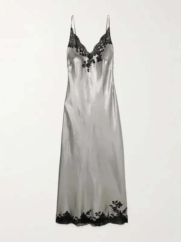 Carine Gilson Lace-Trimmed Metallic Silk-Blend Nightdress In Gray
