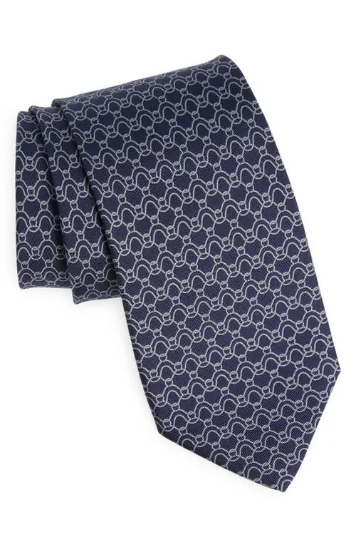 FERRAGAMO Gancini Wave Silk Neck Tie - Blu Scuro