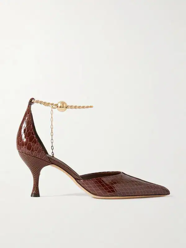 Ferragamo Dana Croc-Effect Leather Pumps - Brown - 40% Off 