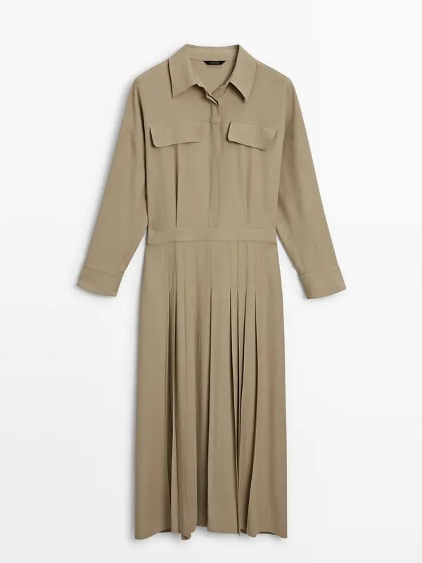 Massimo Dutti Box Pleat Shirt Dress - Camel | Editorialist