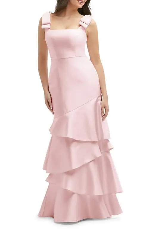 Dessy Collection Bow Shoulder Tiered Gown