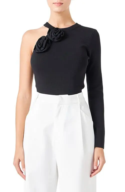 Endless Rose One-shoulder Rib Top - Black