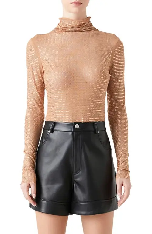 Endless Rose Embellished Mesh Turtleneck Bodysuit - Beige