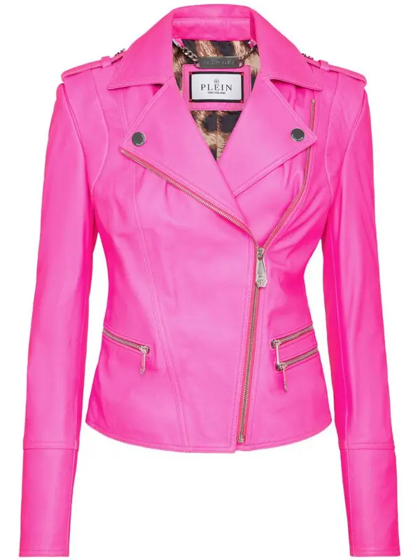 Philipp Plein Leather Biker Jacket In Pink 40% Off Editorialist