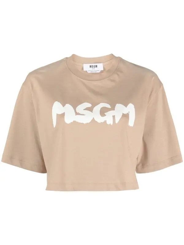 MSGM Cropped Logo-print Cotton T-shirt - Brown