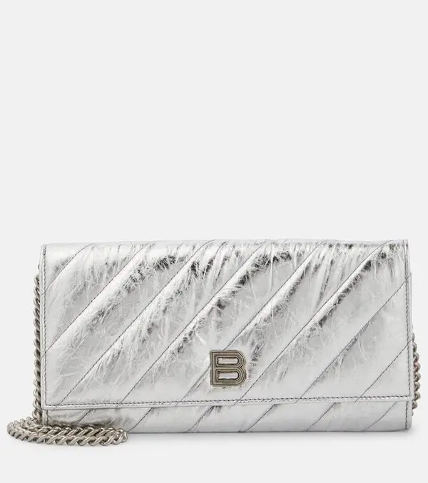 Balenciaga Crush Metallic Leather Wallet On Chain - Silver